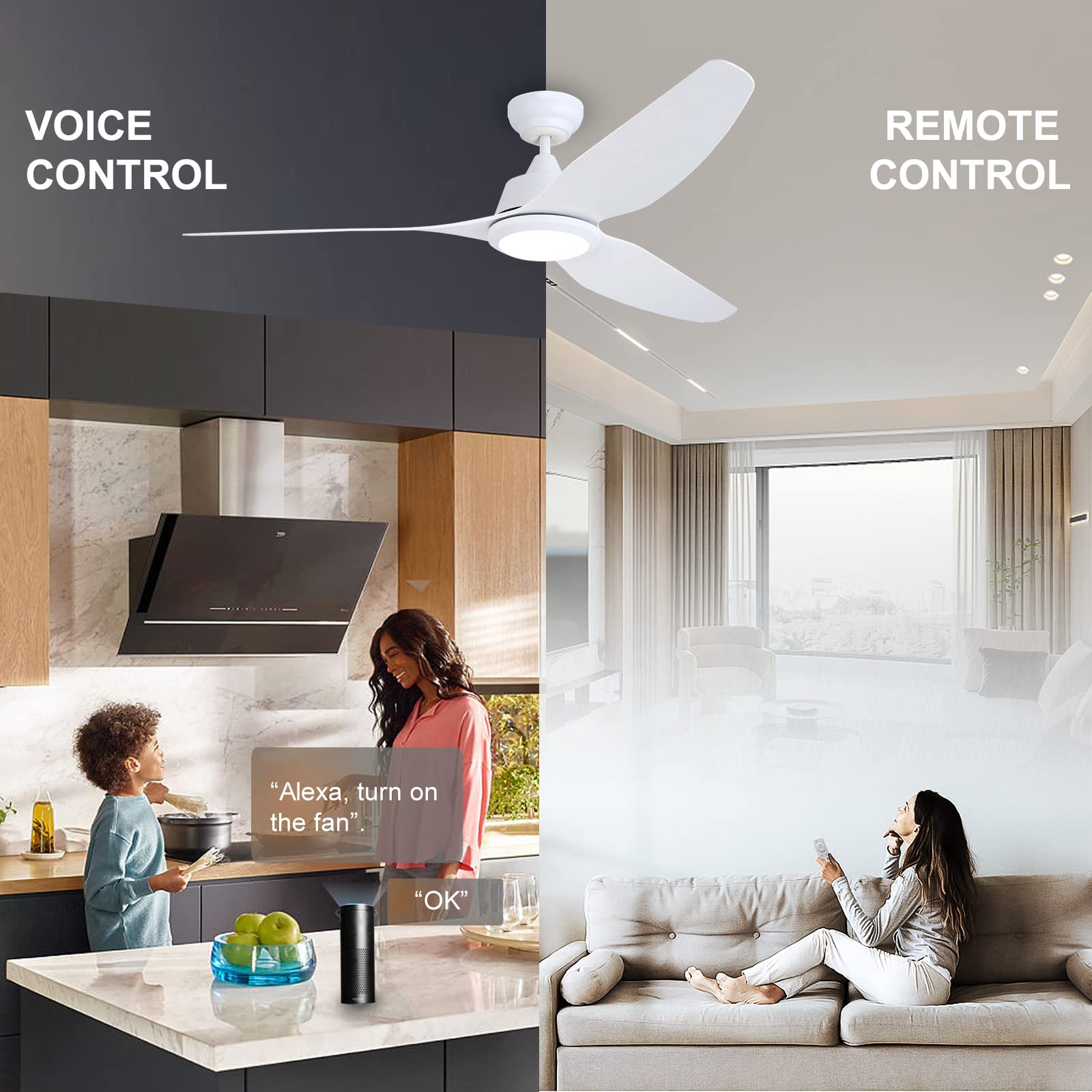 Ovlaim 56 Inch Smart Ceiling Fans with Lights and Remote, 3 Blade Indoor Outdoor Modern White Ceiling Fan for Bedroom Living Room Patio, High CFM Quiet DC Motor