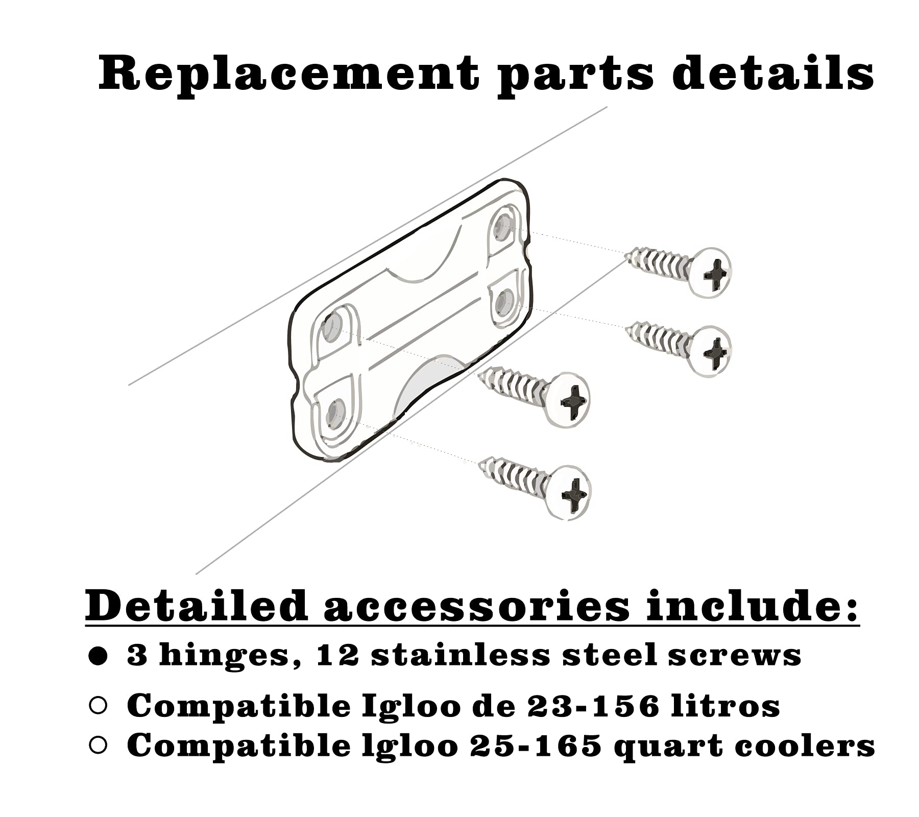 Cooler Replacement Hinges for Igloo Ice Chest, Cooler Replacement Hinges Parts, High Toughness Cooler Hinges Parts, for Igloo Cooler Replacement Parts. Cooler Replacement Hinges and Screws, Set of 3.