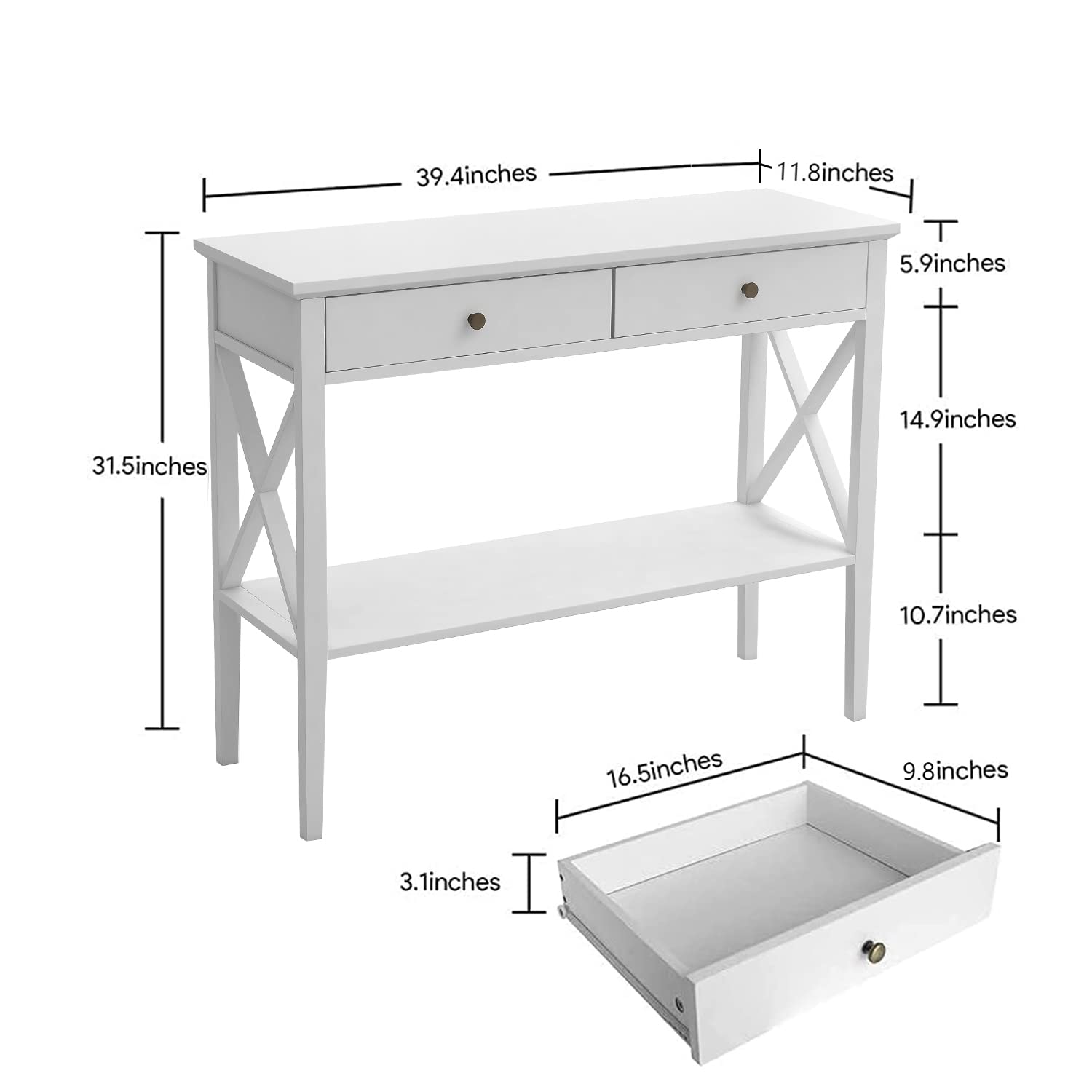 ChooChoo Console Table with Drawers, Narrow Wood Accent Sofa Table Entryway Table with Storage Shelf for Entryway, Front Hall, Hallway, Living Room, White