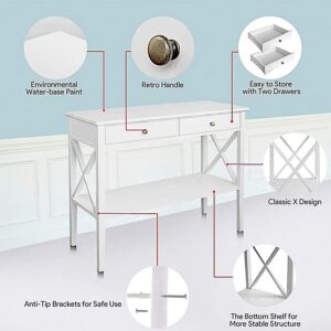 ChooChoo Console Table with Drawers, Narrow Wood Accent Sofa Table Entryway Table with Storage Shelf for Entryway, Front Hall, Hallway, Living Room, White