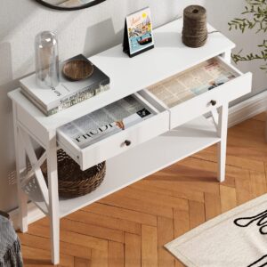 ChooChoo Console Table with Drawers, Narrow Wood Accent Sofa Table Entryway Table with Storage Shelf for Entryway, Front Hall, Hallway, Living Room, White