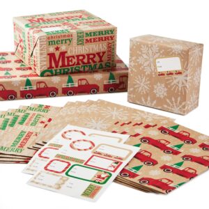 hallmark recyclable kraft christmas flat wrapping paper sheets with cutlines on reverse (12 folded sheets with sticker gift tags) rustic red trucks, white snowflakes, "merry christmas" lettering