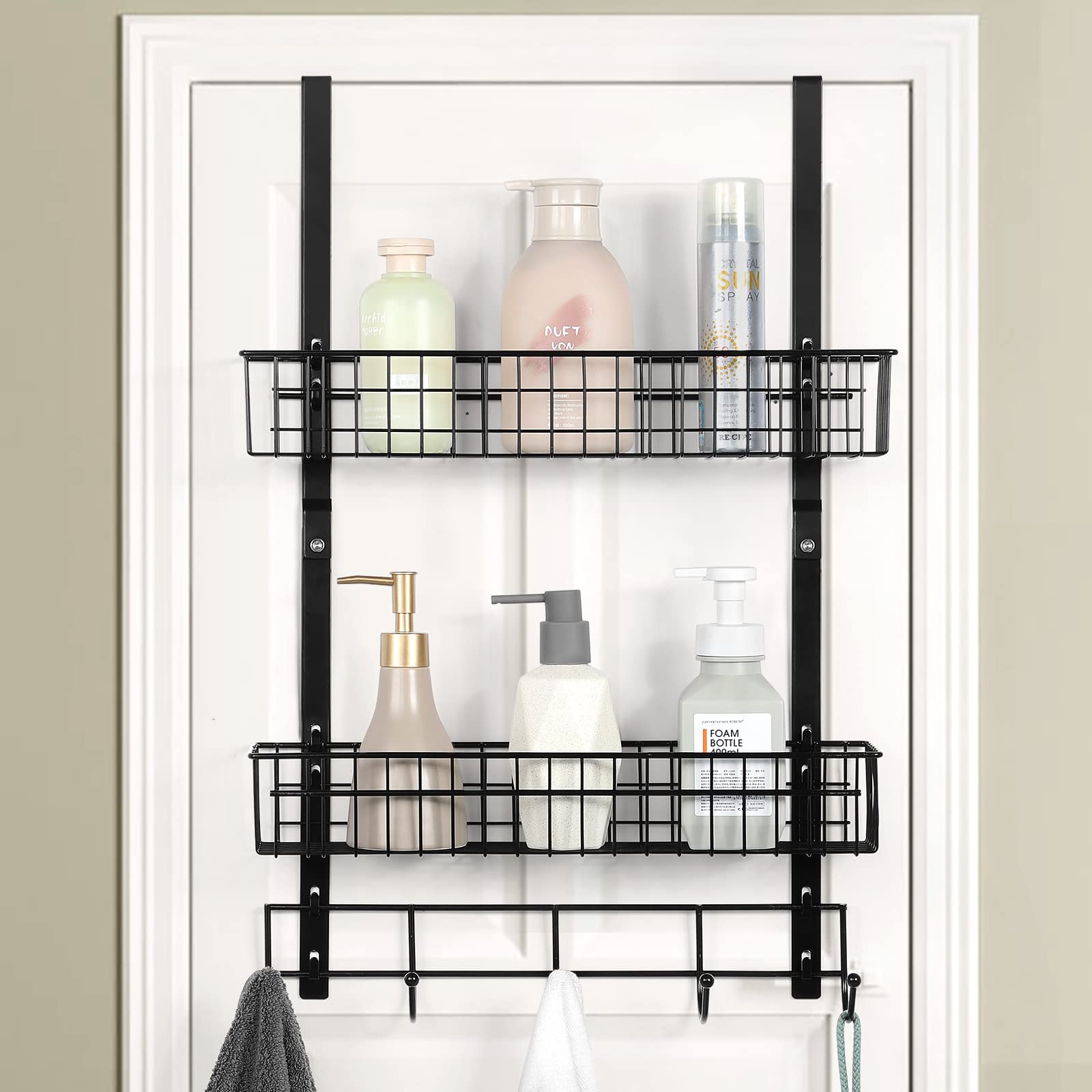 NEX Over The Door Hooks Organizer Hanger, Coat Hooks Towel Rack with 2 Mesh Basket 5 Hooks Hanging Storage Spice Rack Rustproof for Bathroom Bedroom Kitchen Back of Door Storage Shelves, Black