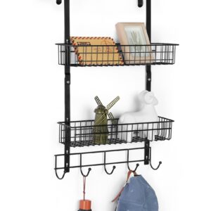 NEX Over The Door Hooks Organizer Hanger, Coat Hooks Towel Rack with 2 Mesh Basket 5 Hooks Hanging Storage Spice Rack Rustproof for Bathroom Bedroom Kitchen Back of Door Storage Shelves, Black