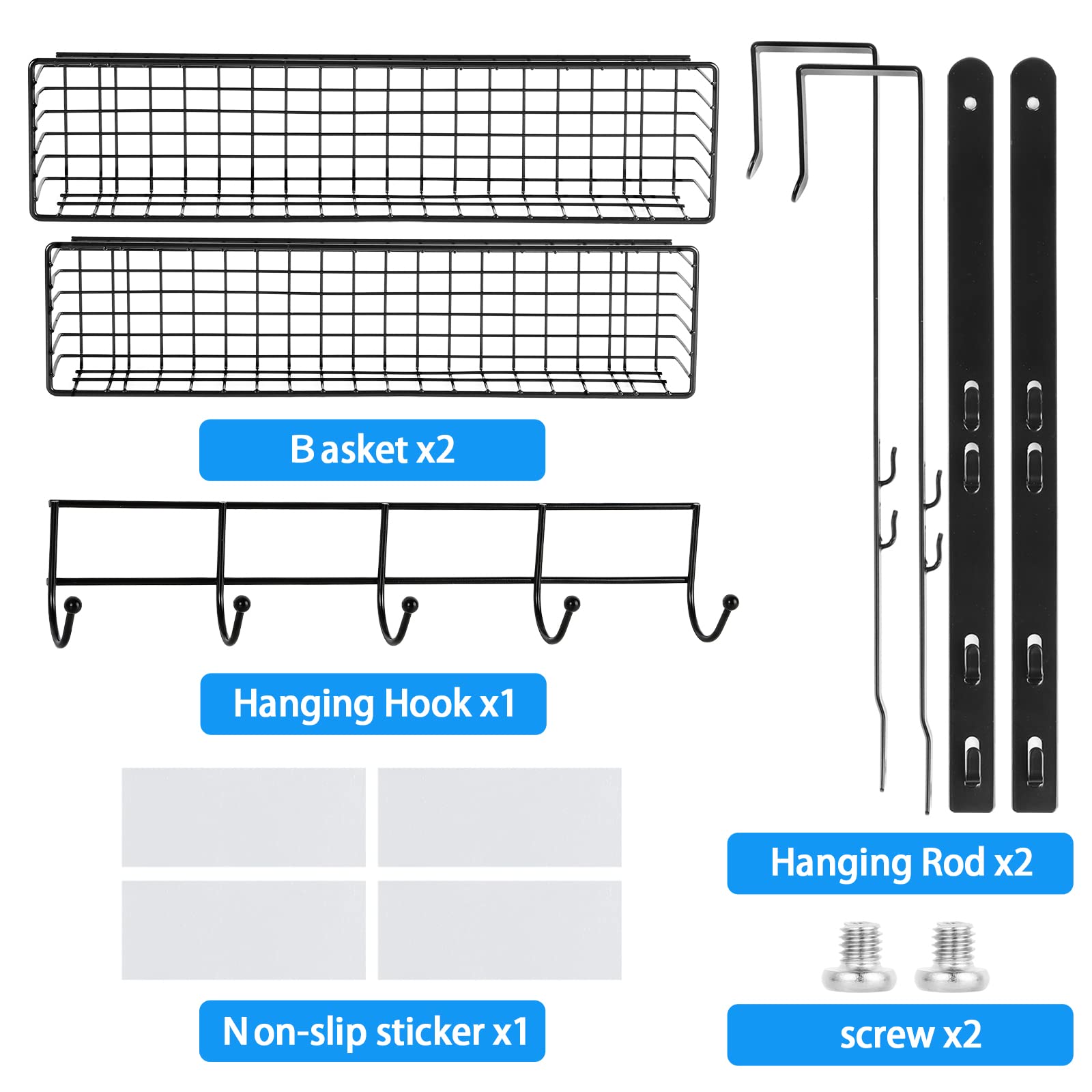 NEX Over The Door Hooks Organizer Hanger, Coat Hooks Towel Rack with 2 Mesh Basket 5 Hooks Hanging Storage Spice Rack Rustproof for Bathroom Bedroom Kitchen Back of Door Storage Shelves, Black