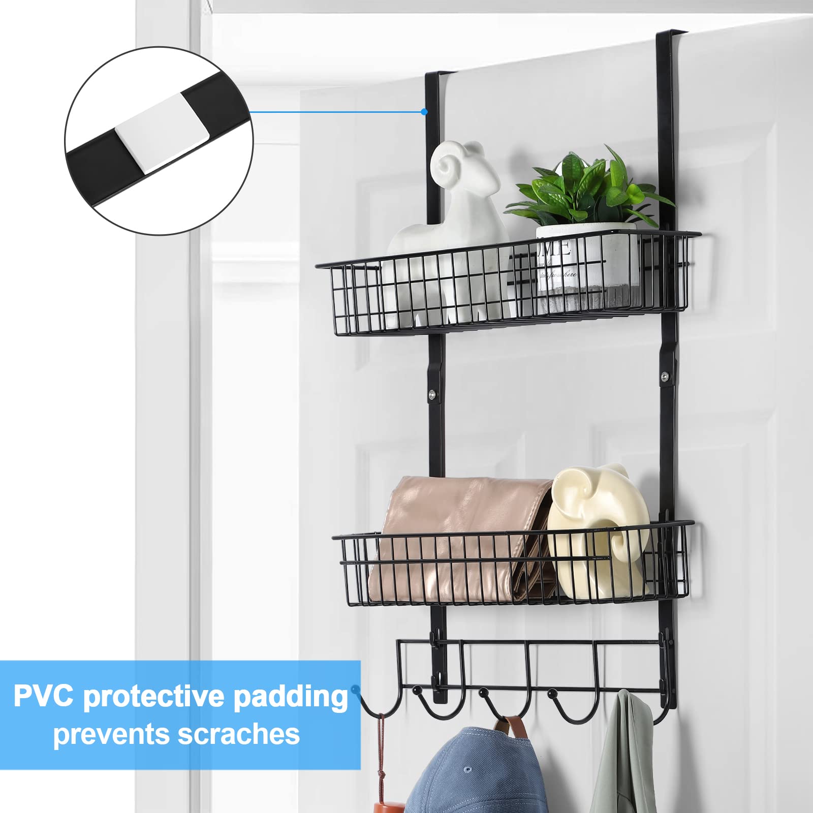 NEX Over The Door Hooks Organizer Hanger, Coat Hooks Towel Rack with 2 Mesh Basket 5 Hooks Hanging Storage Spice Rack Rustproof for Bathroom Bedroom Kitchen Back of Door Storage Shelves, Black