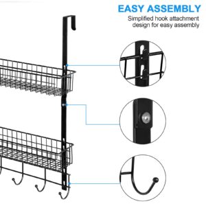 NEX Over The Door Hooks Organizer Hanger, Coat Hooks Towel Rack with 2 Mesh Basket 5 Hooks Hanging Storage Spice Rack Rustproof for Bathroom Bedroom Kitchen Back of Door Storage Shelves, Black