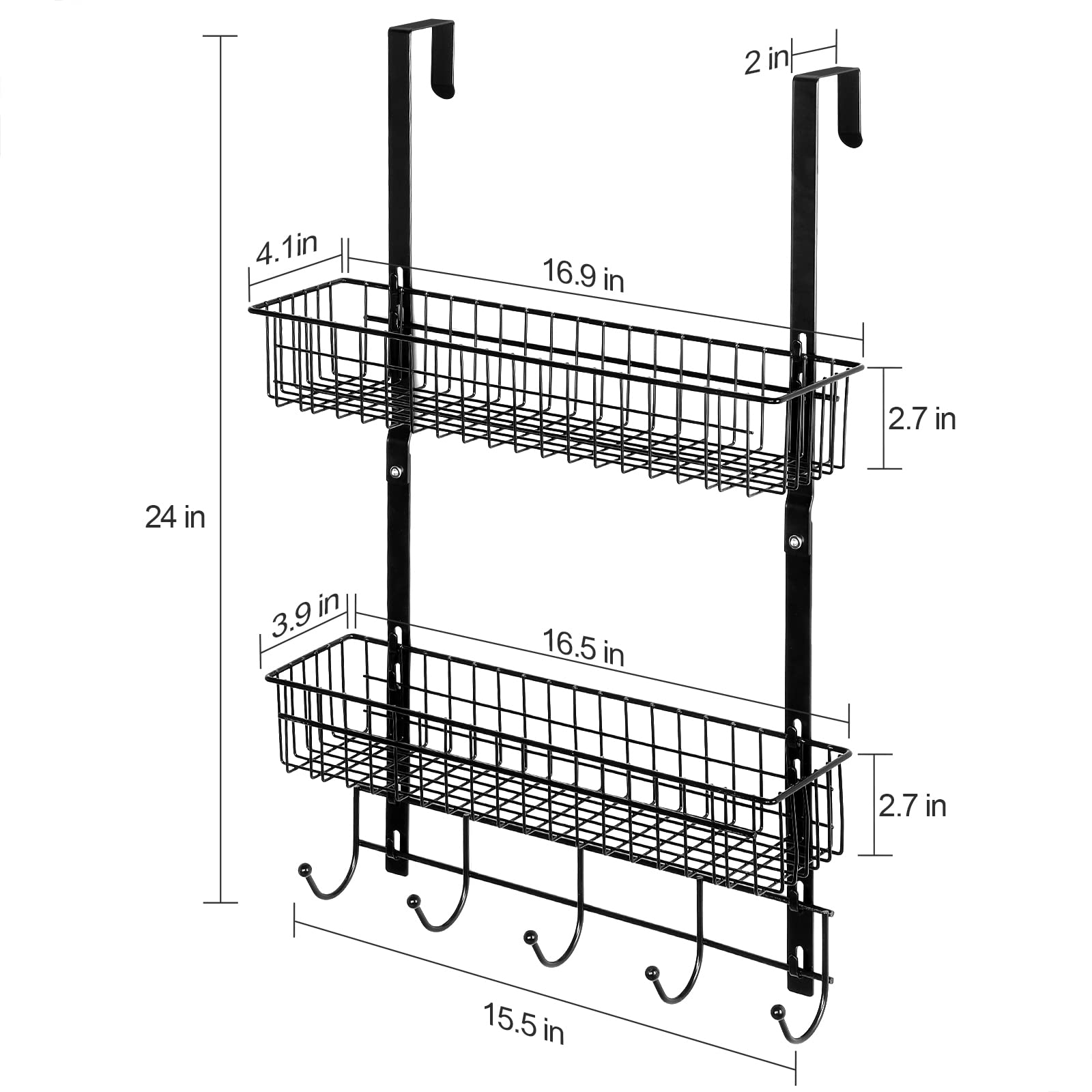 NEX Over The Door Hooks Organizer Hanger, Coat Hooks Towel Rack with 2 Mesh Basket 5 Hooks Hanging Storage Spice Rack Rustproof for Bathroom Bedroom Kitchen Back of Door Storage Shelves, Black