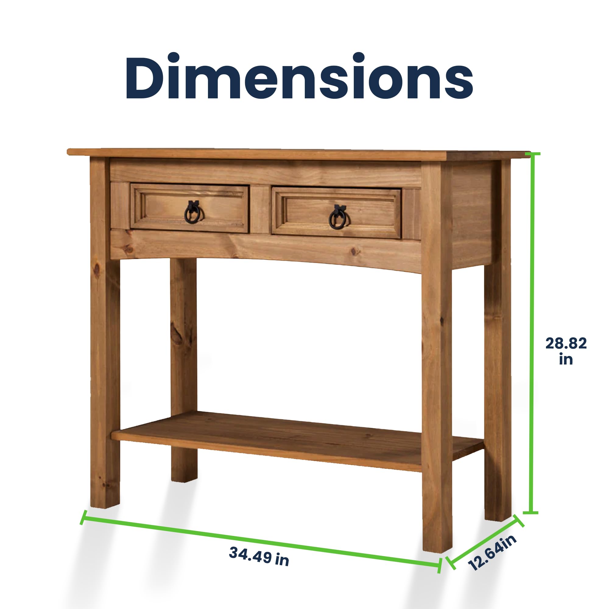 Furniture Dash Solid Wood Console Table Corona with 2 Drawers 34.49" W, 12.64" D, 28.82" H - Farmhouse Entryway Table with Storage Shelf, Tables for Living Room, Hallway Foyer for Office & Bedroom