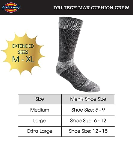 Dickies Men's Big & Tall Dri-tech Moisture Control Max Crew Socks Multipack, 3.0 Full Cushion Charcoal (6 Pairs), X-Large