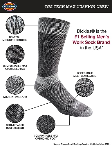 Dickies Men's Big & Tall Dri-tech Moisture Control Max Crew Socks Multipack, 3.0 Full Cushion Charcoal (6 Pairs), X-Large