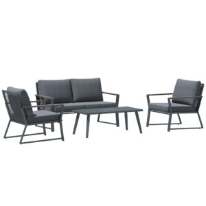 outsunny 4 piece patio furniture set, aluminum conversation set, outdoor garden sofa set with armchairs, loveseat, center coffee table and cushions, dark grey