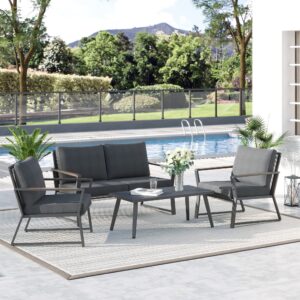 Outsunny 4 Piece Patio Furniture Set, Aluminum Conversation Set, Outdoor Garden Sofa Set with Armchairs, Loveseat, Center Coffee Table and Cushions, Dark Grey