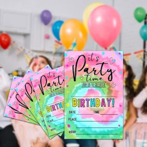 Birthday Party Invitation Cards for Teens, Tie Dye Party, Party Invitation for Girls Boys, Party Celebration for Kids, Personalized 20 Cards With 20 Envelopes – A002