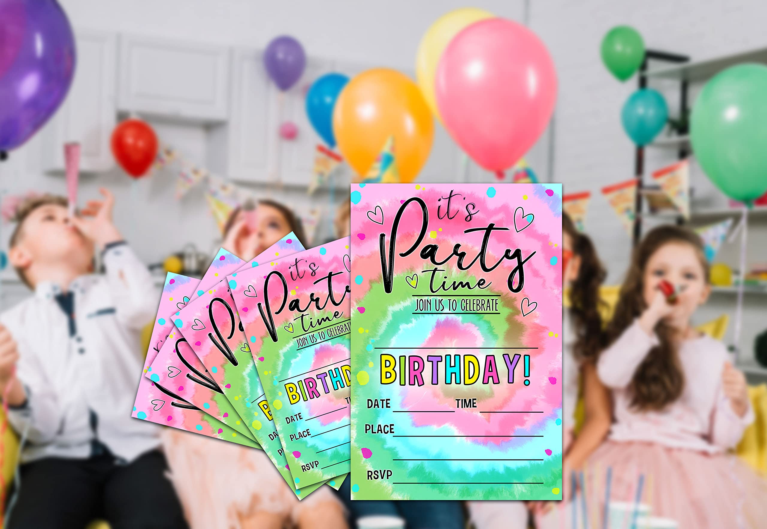 Birthday Party Invitation Cards for Teens, Tie Dye Party, Party Invitation for Girls Boys, Party Celebration for Kids, Personalized 20 Cards With 20 Envelopes – A002