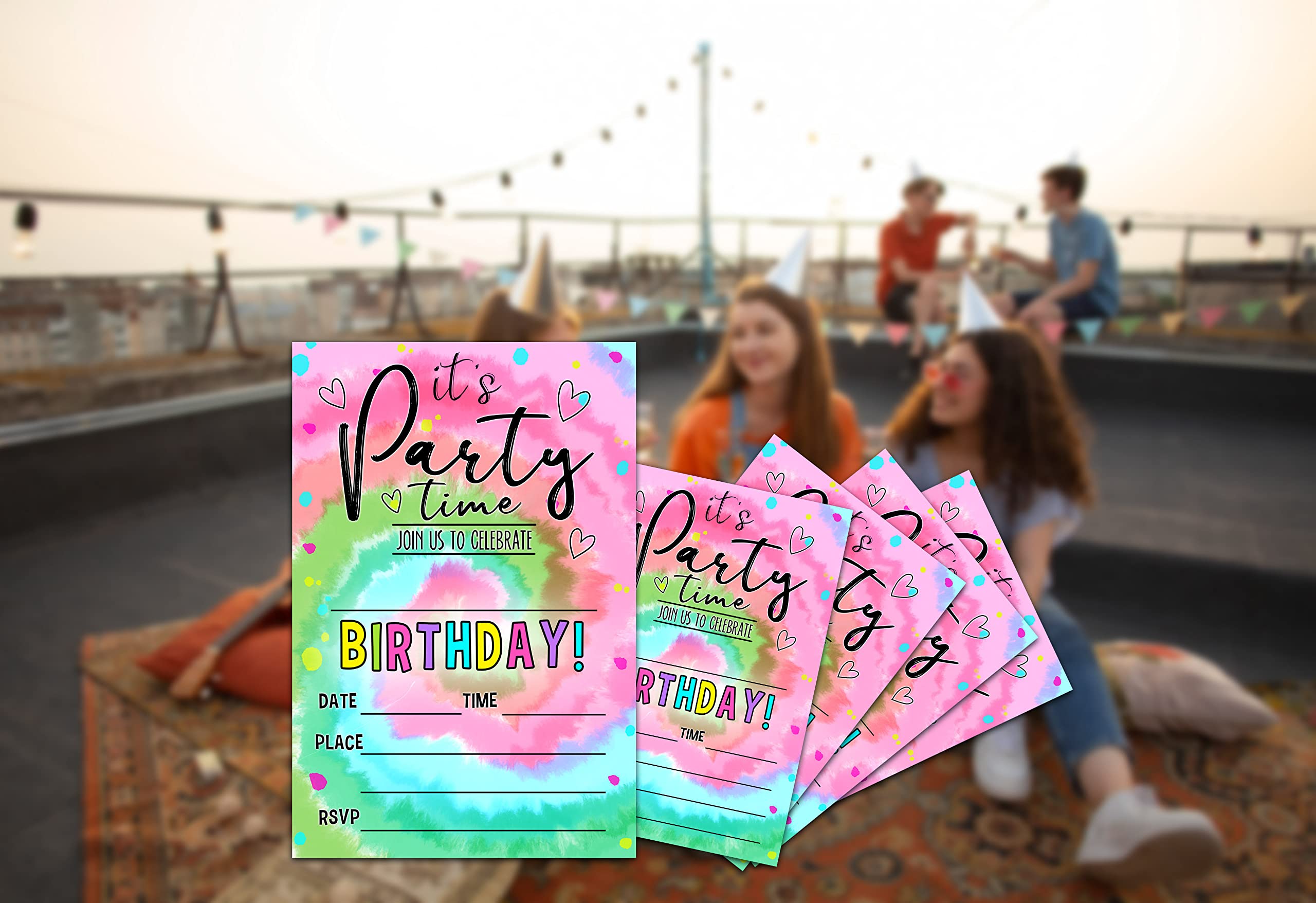 Birthday Party Invitation Cards for Teens, Tie Dye Party, Party Invitation for Girls Boys, Party Celebration for Kids, Personalized 20 Cards With 20 Envelopes – A002