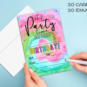 Birthday Party Invitation Cards for Teens, Tie Dye Party, Party Invitation for Girls Boys, Party Celebration for Kids, Personalized 20 Cards With 20 Envelopes – A002