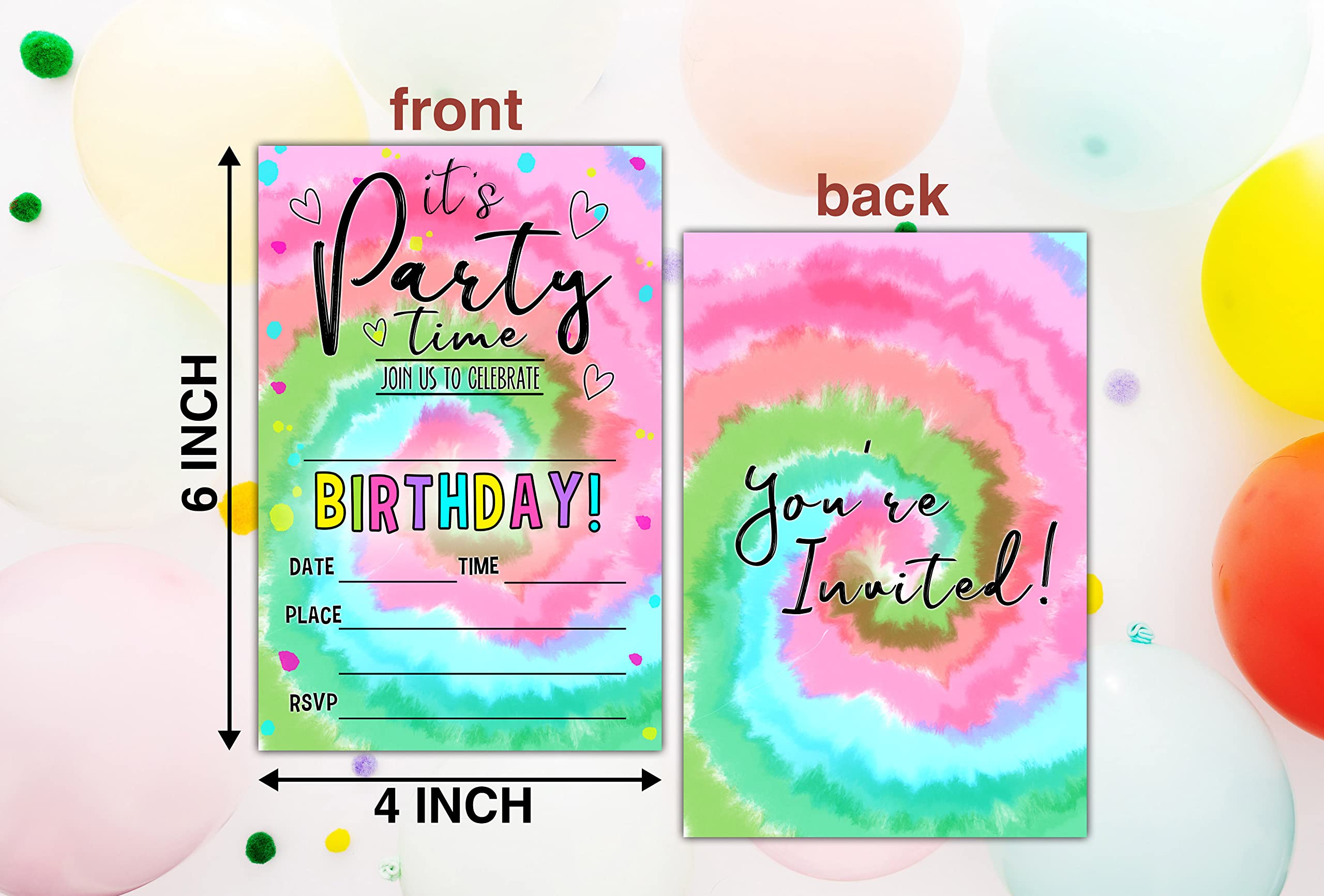 Birthday Party Invitation Cards for Teens, Tie Dye Party, Party Invitation for Girls Boys, Party Celebration for Kids, Personalized 20 Cards With 20 Envelopes – A002