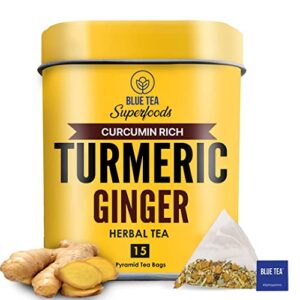 blue tea - turmeric ginger tea - 15 tea bags | prime saving day | ayurvedic blend | detox tea - immunity booster - caffeine-free - vegan - non-gmo - gluten free - natural ingredients | tin pack