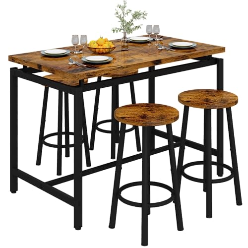 AWQM Bar Table Set,Kitchen Pub Table with 4 Stools, 5 Pieces Dining Table Set, Breakfast Table of 47.2 x 23.6 x 34.6 Inches, Stool of 11.8 x 11.8 x 23.8 Inches Each, Rustic Brown & Black