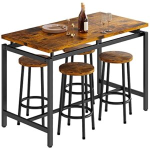 AWQM Bar Table Set,Kitchen Pub Table with 4 Stools, 5 Pieces Dining Table Set, Breakfast Table of 47.2 x 23.6 x 34.6 Inches, Stool of 11.8 x 11.8 x 23.8 Inches Each, Rustic Brown & Black