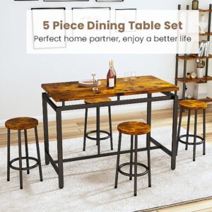 AWQM Bar Table Set,Kitchen Pub Table with 4 Stools, 5 Pieces Dining Table Set, Breakfast Table of 47.2 x 23.6 x 34.6 Inches, Stool of 11.8 x 11.8 x 23.8 Inches Each, Rustic Brown & Black