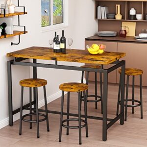 AWQM Bar Table Set,Kitchen Pub Table with 4 Stools, 5 Pieces Dining Table Set, Breakfast Table of 47.2 x 23.6 x 34.6 Inches, Stool of 11.8 x 11.8 x 23.8 Inches Each, Rustic Brown & Black