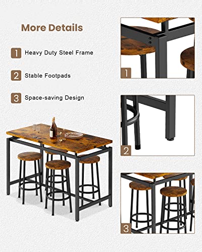 AWQM Bar Table Set,Kitchen Pub Table with 4 Stools, 5 Pieces Dining Table Set, Breakfast Table of 47.2 x 23.6 x 34.6 Inches, Stool of 11.8 x 11.8 x 23.8 Inches Each, Rustic Brown & Black