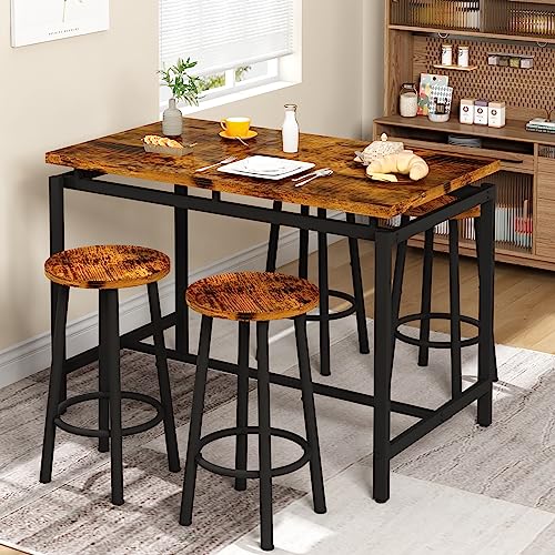 AWQM Bar Table Set,Kitchen Pub Table with 4 Stools, 5 Pieces Dining Table Set, Breakfast Table of 47.2 x 23.6 x 34.6 Inches, Stool of 11.8 x 11.8 x 23.8 Inches Each, Rustic Brown & Black