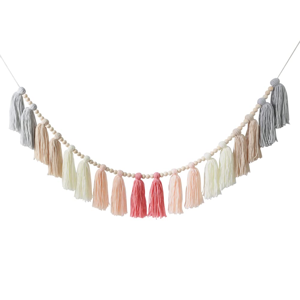 DrCor Pink Grey Yarn Tassel Garland Boho Preppy Bunting Banner Wall Hanging Decor for Classroom Office Birthday Party Nursery Kids Bedroom Baby Shower Decoration