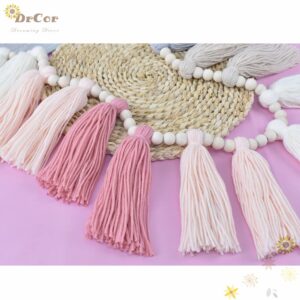 DrCor Pink Grey Yarn Tassel Garland Boho Preppy Bunting Banner Wall Hanging Decor for Classroom Office Birthday Party Nursery Kids Bedroom Baby Shower Decoration