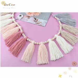 DrCor Pink Grey Yarn Tassel Garland Boho Preppy Bunting Banner Wall Hanging Decor for Classroom Office Birthday Party Nursery Kids Bedroom Baby Shower Decoration