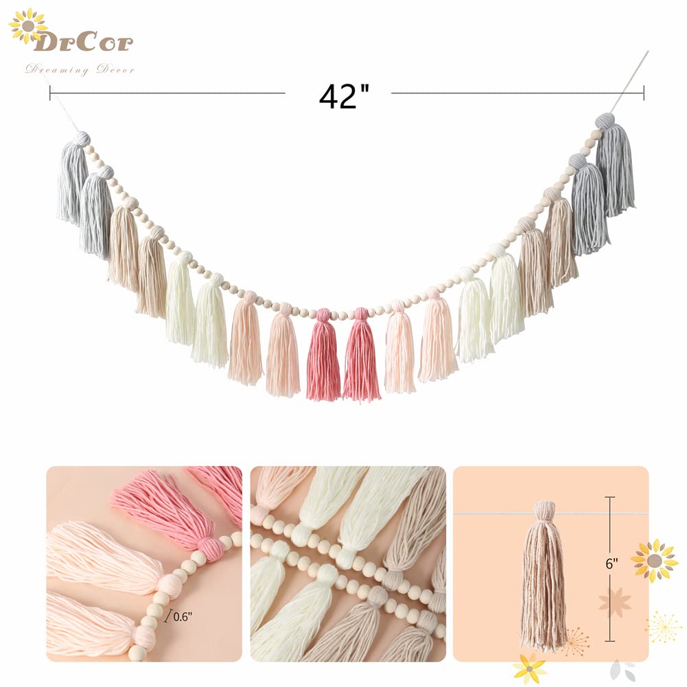 DrCor Pink Grey Yarn Tassel Garland Boho Preppy Bunting Banner Wall Hanging Decor for Classroom Office Birthday Party Nursery Kids Bedroom Baby Shower Decoration