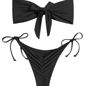 ZAFUL Knotted Bandeau Bikini for Women Strapless Swimsuits High Cut Bathing Suit Sexy Cheeky Tie Side Swimwear Black S