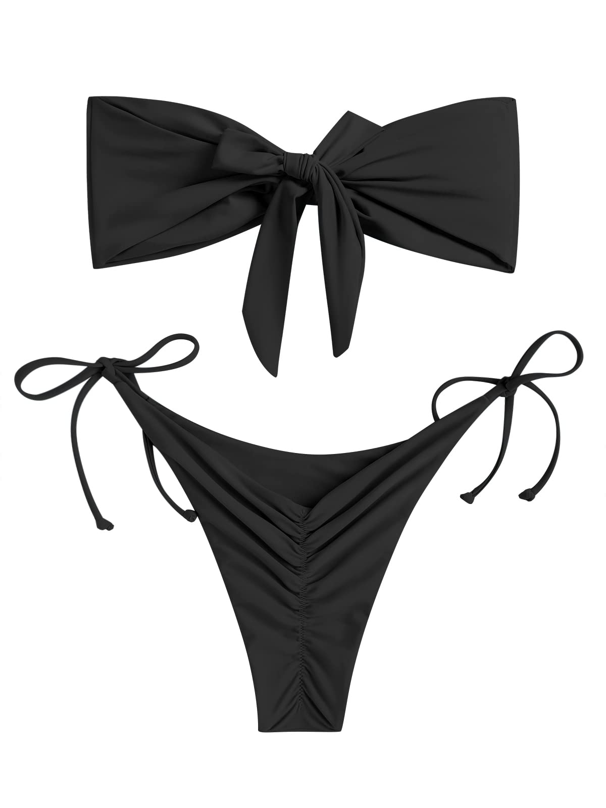 ZAFUL Knotted Bandeau Bikini for Women Strapless Swimsuits High Cut Bathing Suit Sexy Cheeky Tie Side Swimwear Black S