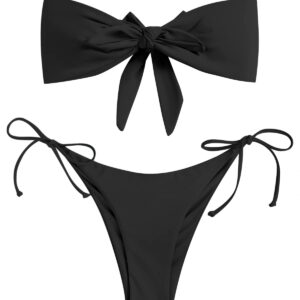 ZAFUL Knotted Bandeau Bikini for Women Strapless Swimsuits High Cut Bathing Suit Sexy Cheeky Tie Side Swimwear Black S