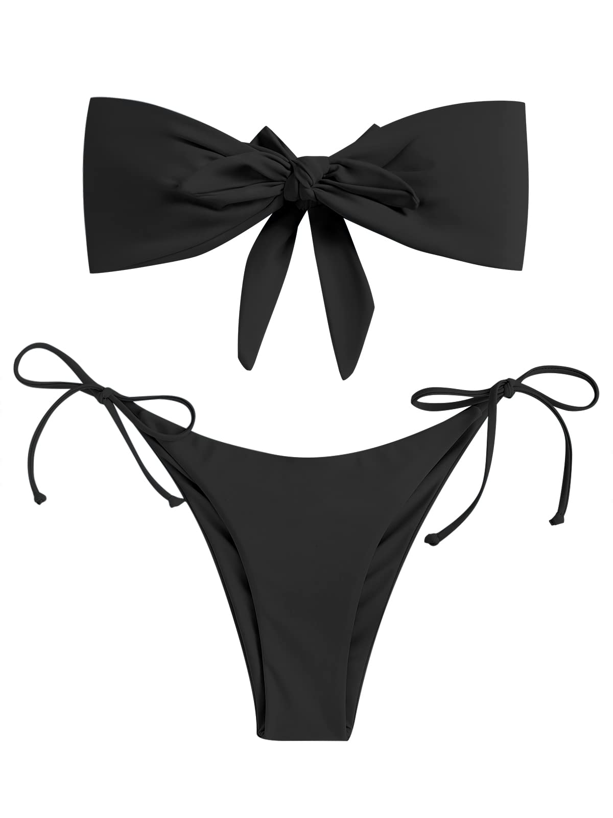 ZAFUL Knotted Bandeau Bikini for Women Strapless Swimsuits High Cut Bathing Suit Sexy Cheeky Tie Side Swimwear Black S