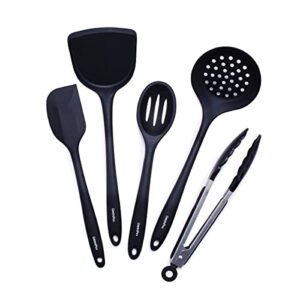 greenpan 5 piece cooking utensil set, flexible nonstick silicone, stain-free, tongs, turner, spatula, skimmer, and slotted spoon, black