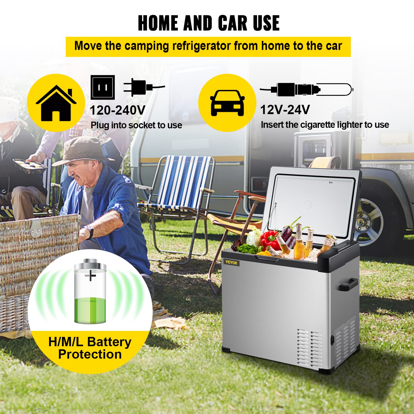 VEVOR 12 Volt Refrigerator, Portable Refrigerator (-4℉~68℉) With APP Control Car Compressor Fridge Cooler 12V/24V DC and 110-220V AC For Camping, Road Trip, Boat, Skincare, Outdoor and Home (53 Quart)