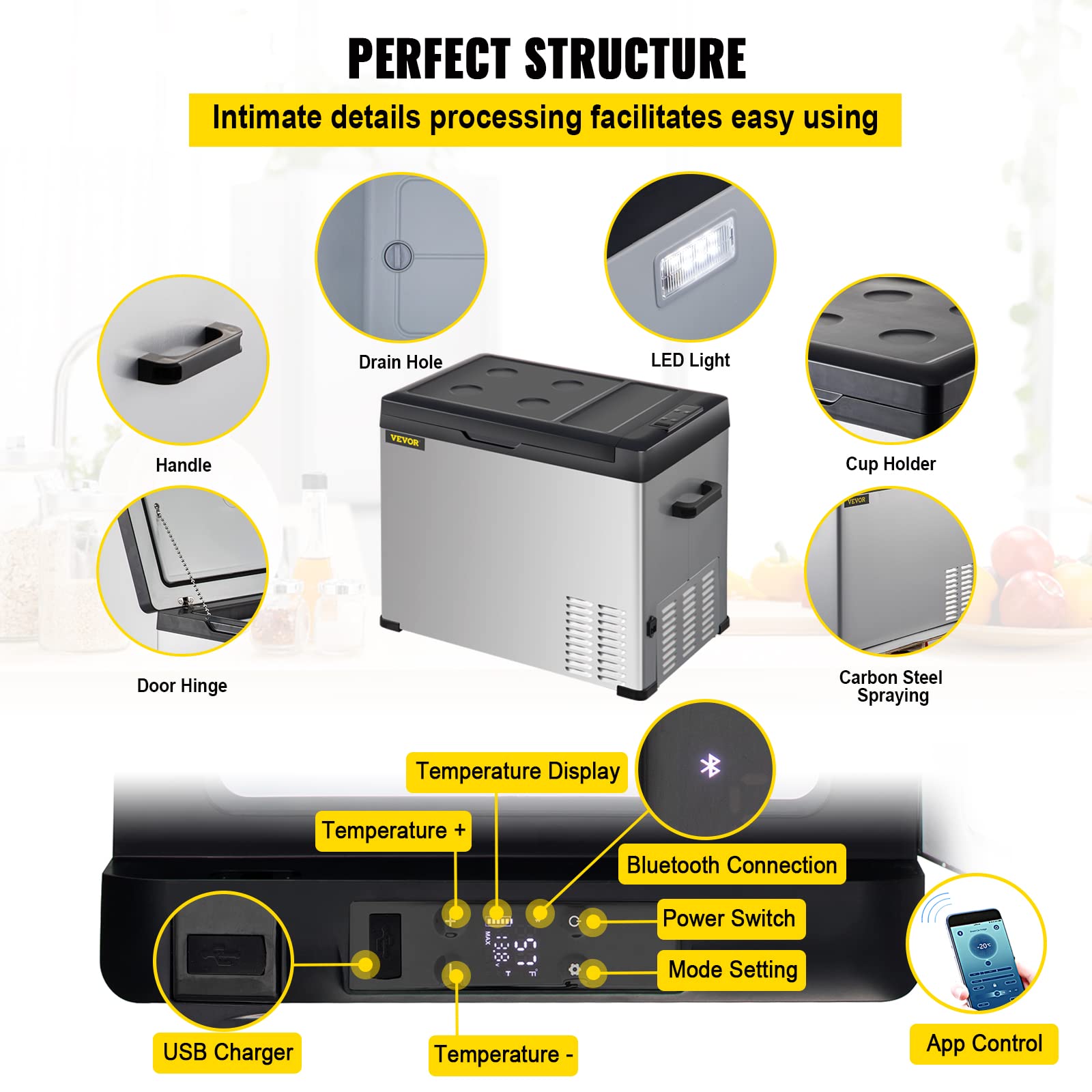 VEVOR 12 Volt Refrigerator, Portable Refrigerator (-4℉~68℉) With APP Control Car Compressor Fridge Cooler 12V/24V DC and 110-220V AC For Camping, Road Trip, Boat, Skincare, Outdoor and Home (53 Quart)