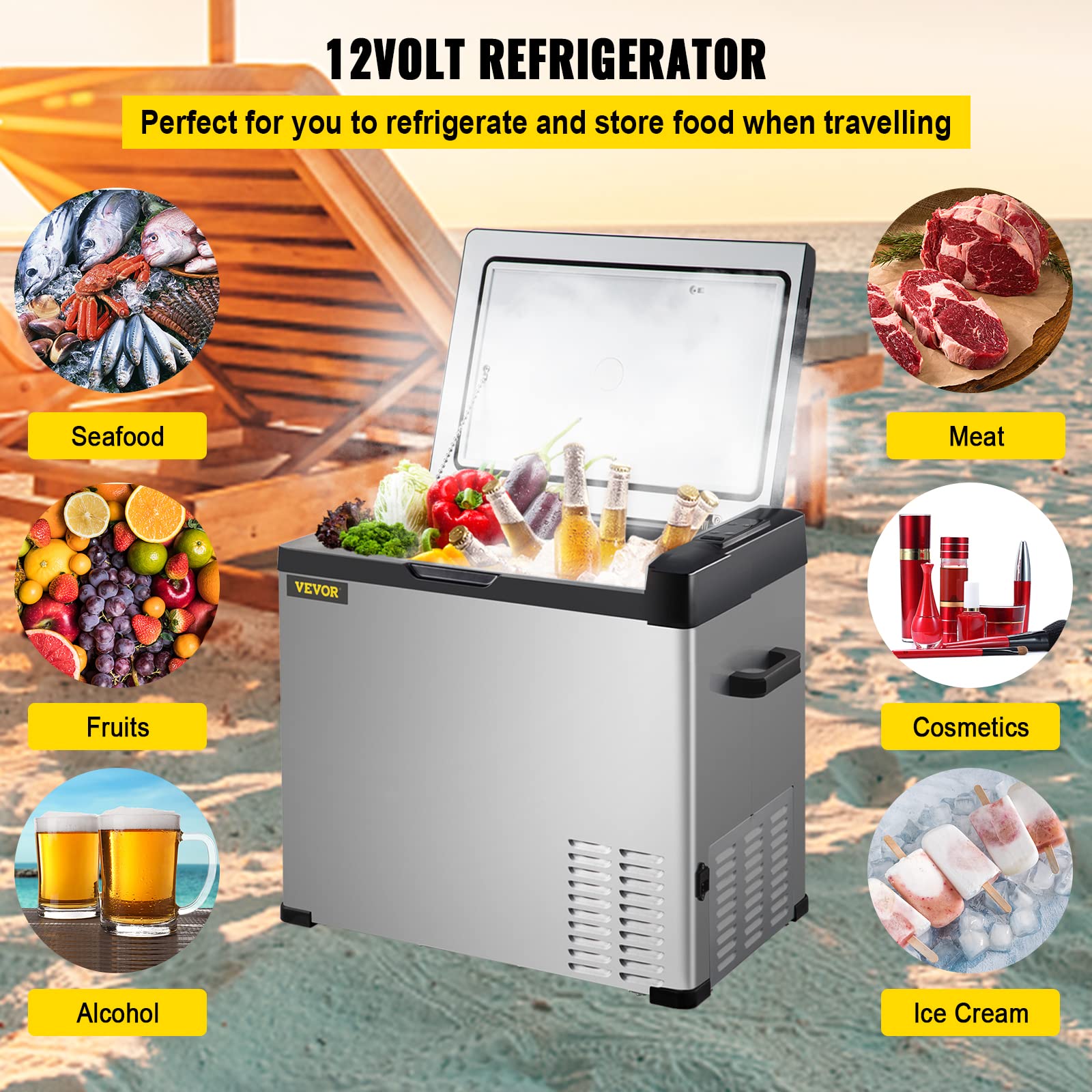 VEVOR 12 Volt Refrigerator, Portable Refrigerator (-4℉~68℉) With APP Control Car Compressor Fridge Cooler 12V/24V DC and 110-220V AC For Camping, Road Trip, Boat, Skincare, Outdoor and Home (53 Quart)