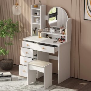 agoteni makeup vanity set dresser desk with 5 drawer and shelf round mirror dressing table vanity set with cushioned stool for bedroom, white