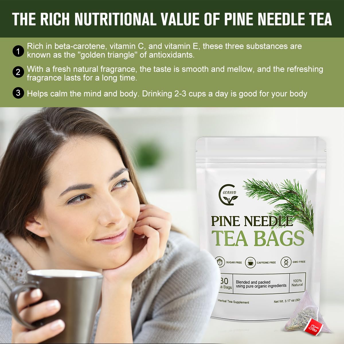 Organic Pine Needle Tea Bags - 100% Pure Natural Dried Pine Needles Herbal Tea, Effectively Antioxidant & Immune Support, Caffeine Free, 30 Tea Bags