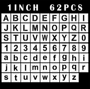 mossdecal 62pcs letter stencils and numbers 1 inch, small reusable alphabet templates interlocking stencil kit for painting on wood, wall, fabric, rock, chalkboard, sign, art craft stencils