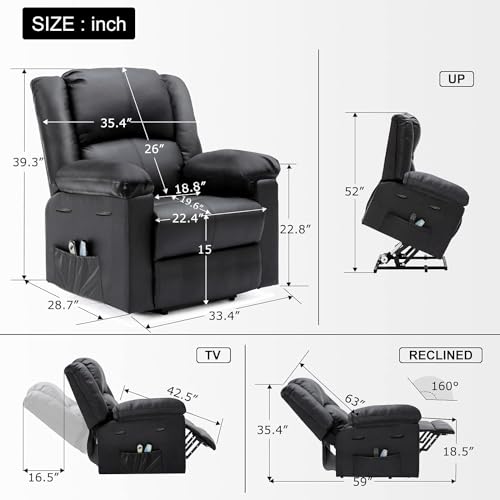 COMHOMA Power Lift Recliner for Elderly, Lift Chair with Heat and Massage，PU Recliner Sofa with 2 Side Pockets and Infinite Position for Living Room, Black