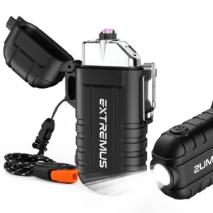 extremus blaze 360 rechargeable electric lighters, dual arc lighter, windproof plasma lighter, waterproof lighter, flameless lighter with whistle lanyard for camping (black flashlight)