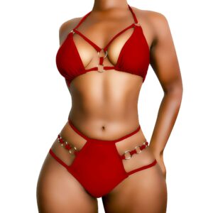 ejsoyo womens sexy thong bikini swimsuits string push up padded bathing suit 2 piece cheeky swimwear with metal ring (large, red)