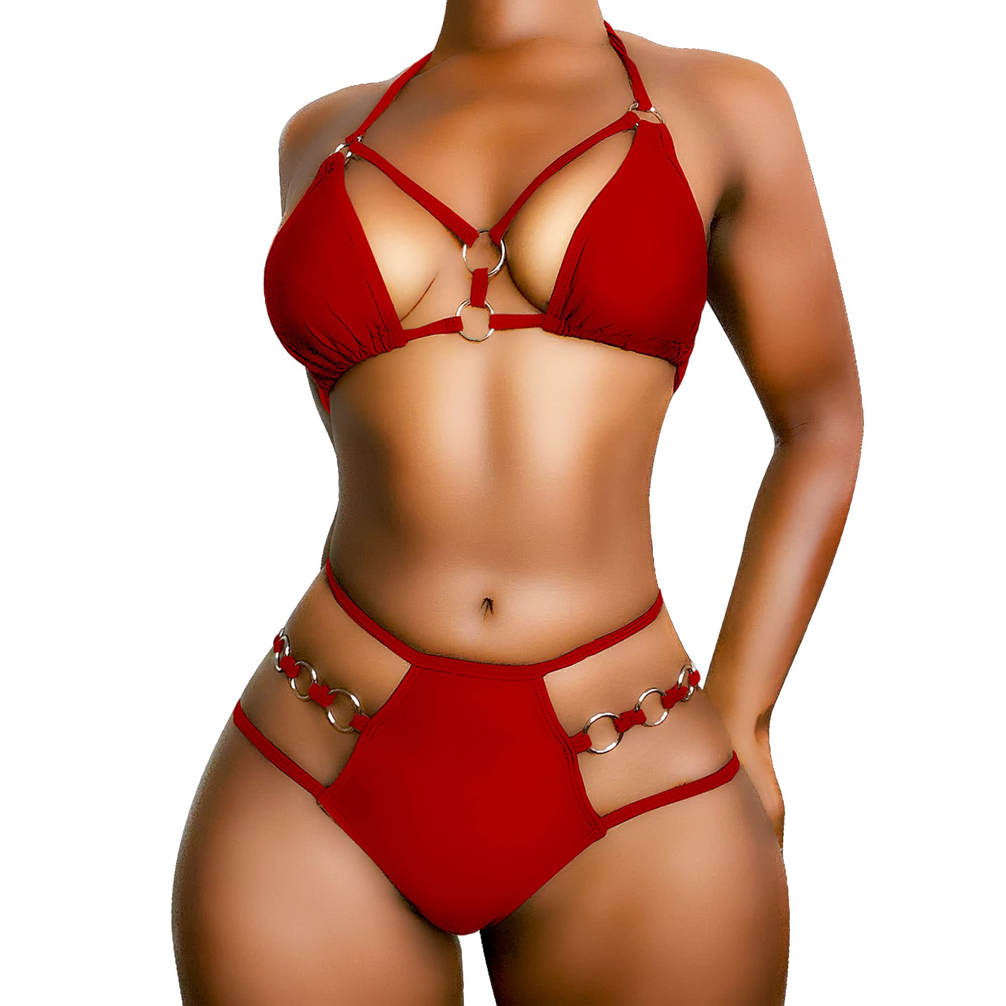 EJsoyo Womens Sexy Thong Bikini Swimsuits String Push up Padded Bathing Suit 2 Piece Cheeky Swimwear with Metal Ring (Large, Red)