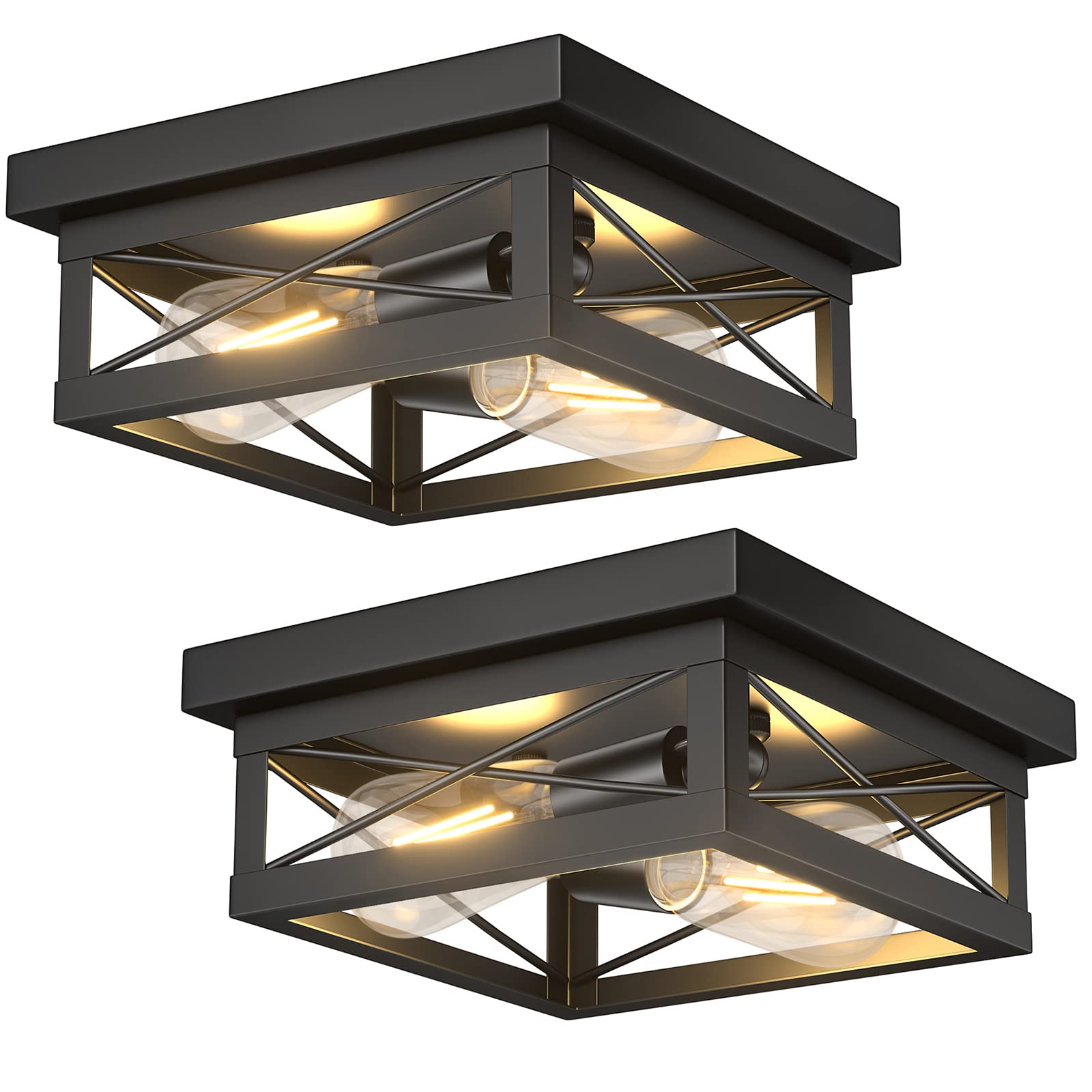 Aolloa Industrial Black Flush Mount Ceiling Light, Farmhouse 2-Light Square Light Fixtures, Modern Ceiling Lighting for Hallway, Kitchen, Bedroom (2 Pack, Bulbs Not Included)