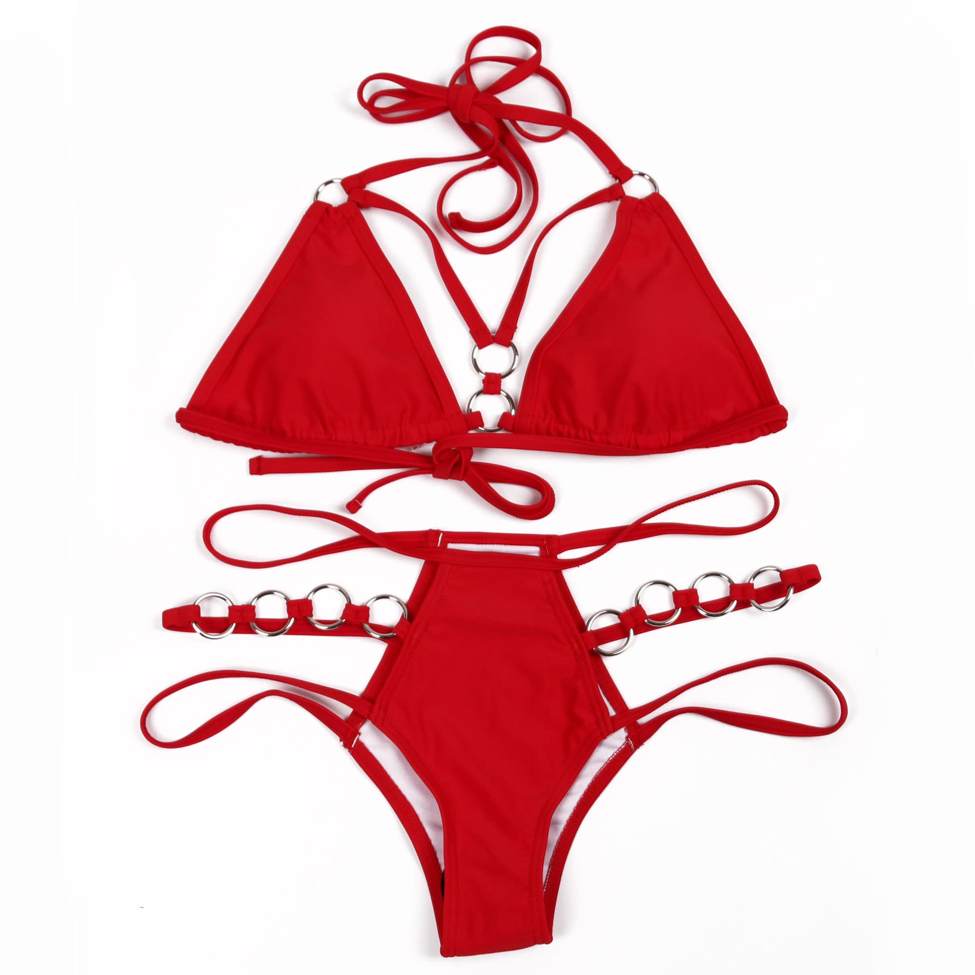 EJsoyo Womens Sexy Thong Bikini Swimsuits String Push up Padded Bathing Suit 2 Piece Cheeky Swimwear with Metal Ring (Large, Red)